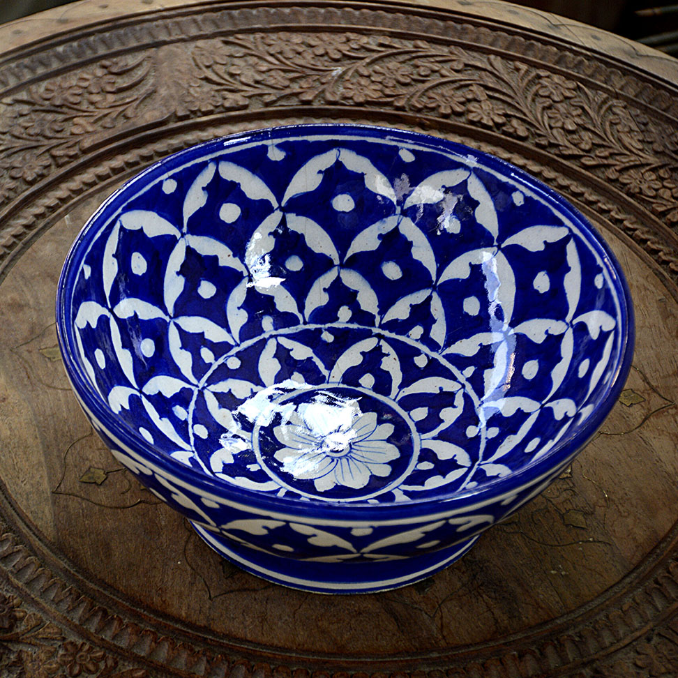 Blue Pottery Blue & White Design Handmade Bowl - 8 Inch