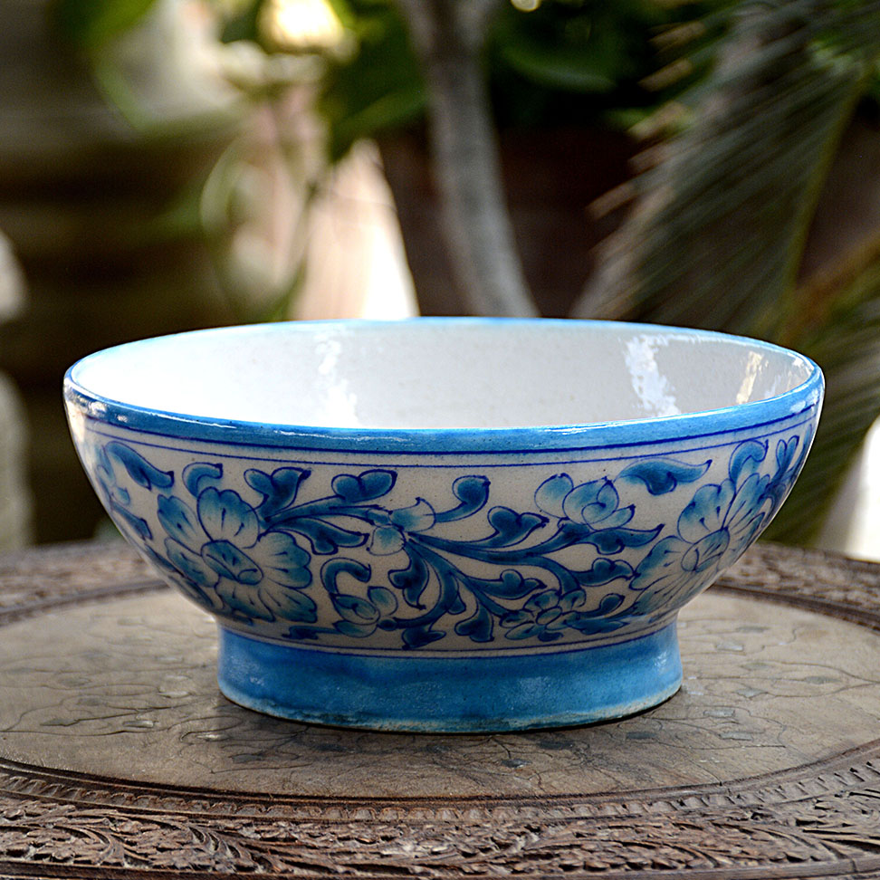 Blue Pottery White Turquoise Floral Handmade Bowl - 8 Inch