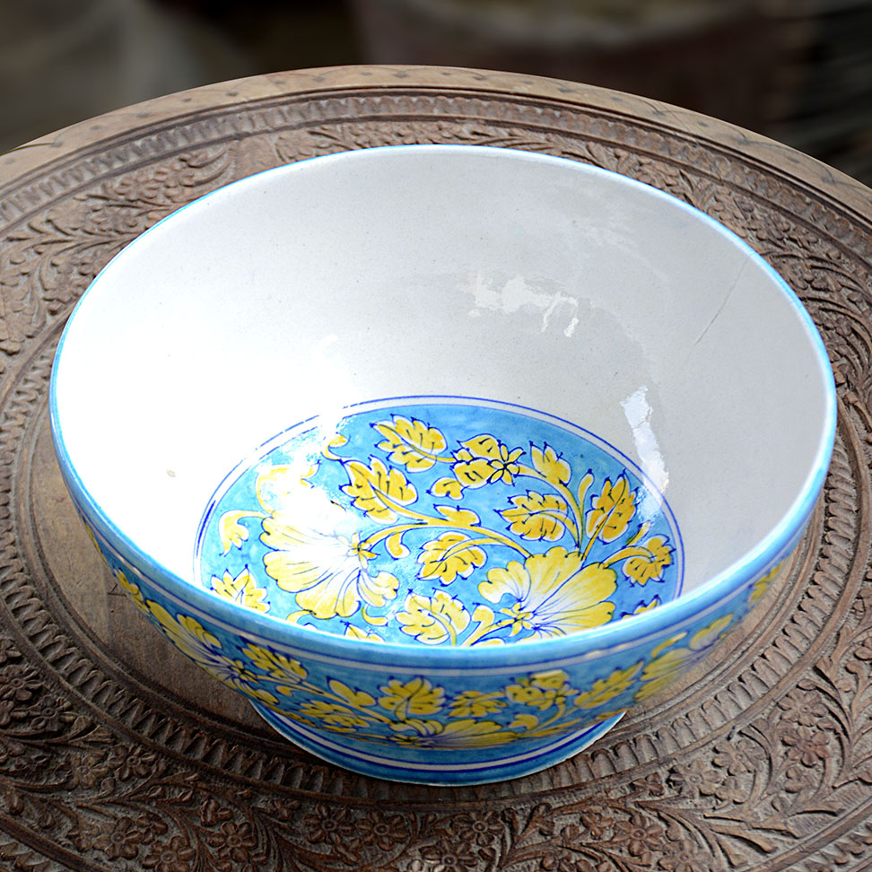 Blue Pottery Turquoise & Yellow Floral Handmade Bowl -8 Inch
