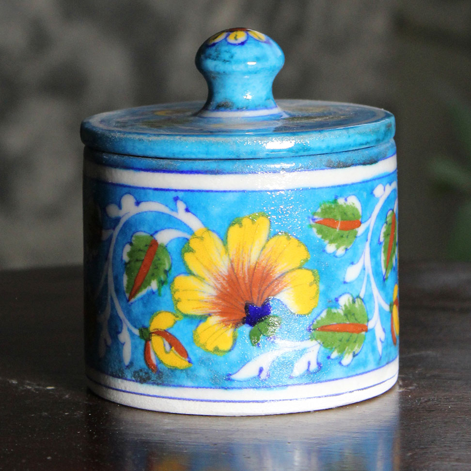 Blue Pottery Turquoise Floral Round Box - Blue Jaipur