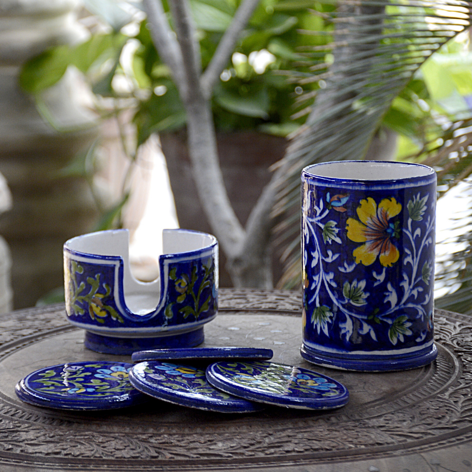 BLUE POTTERY BLUE FLORAL COASTER SET - 6 COASTER