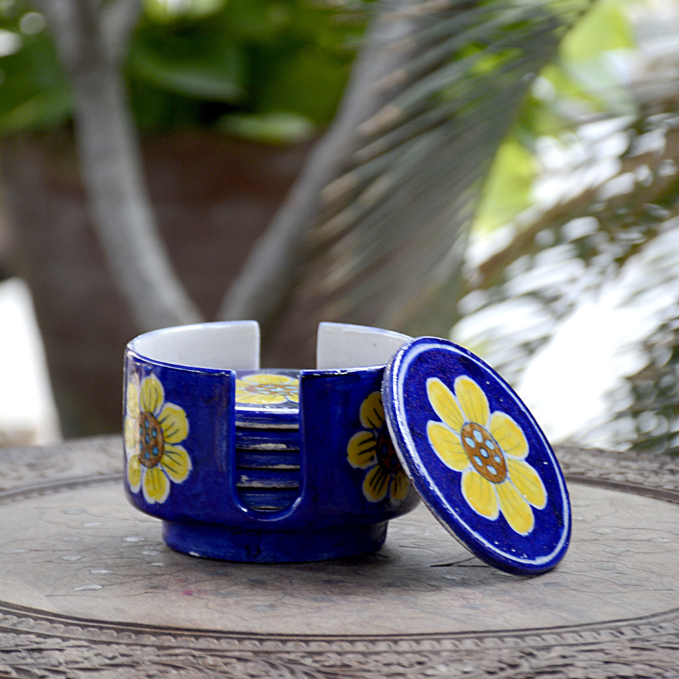 BLUE POTTERY SUN FLOWER COASTER SET - 6 COASTER