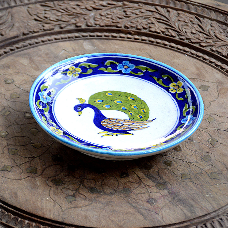 Blue Pottery Handmade Peacock Design Wall Plate