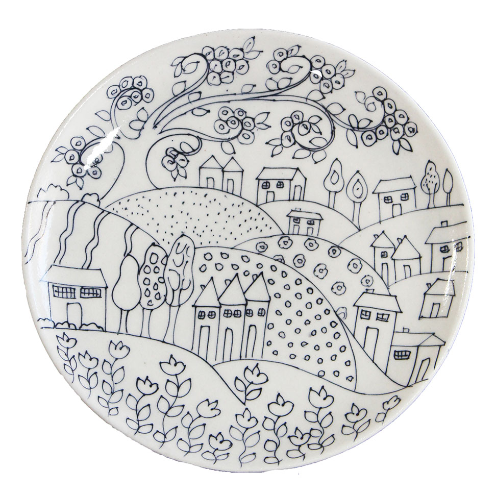 Handmade Blue pottery White Village Scenery Wall Plate