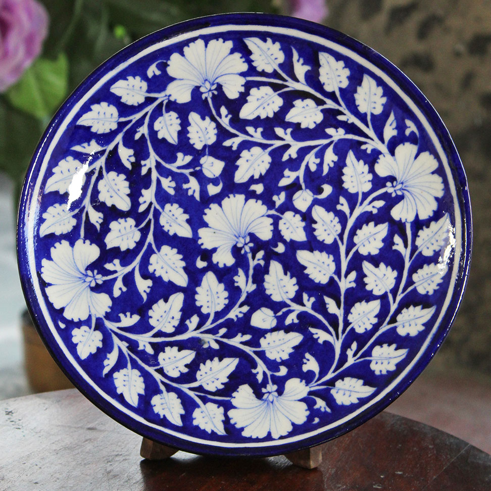 Blue Pottery Blue & White Floral Plate - 10 Inch