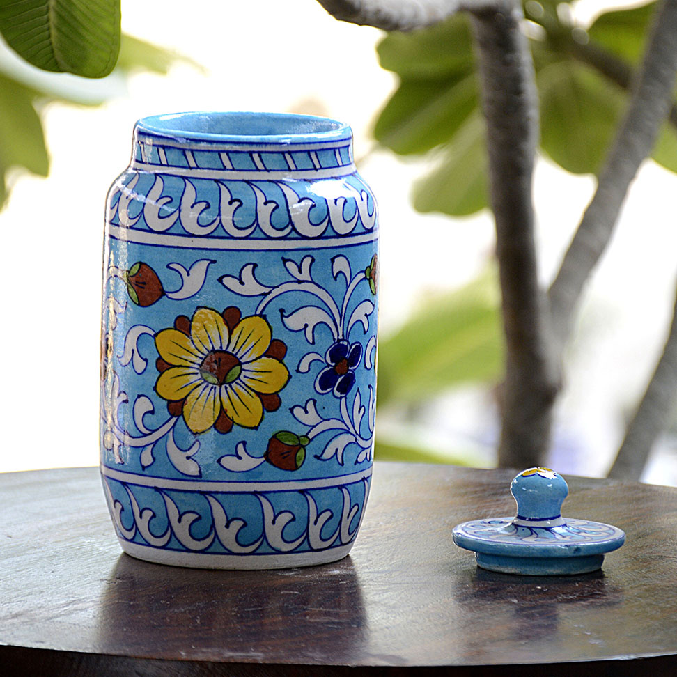 Blue Pottery Terquoise Floral Handmade Sugar/ Masala jar - Blue Jaipur