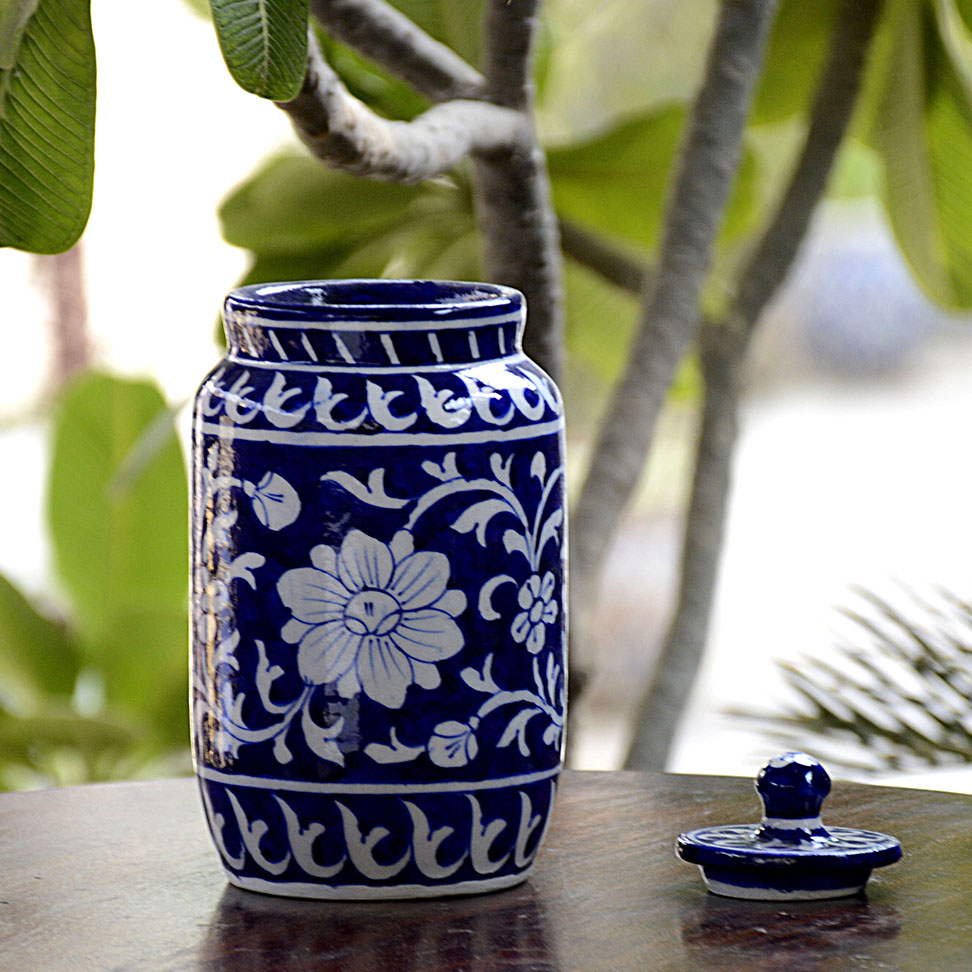 Blue Pottery Multicolour Floral Handmade Sugar/ Masala jar - Blue Jaipur