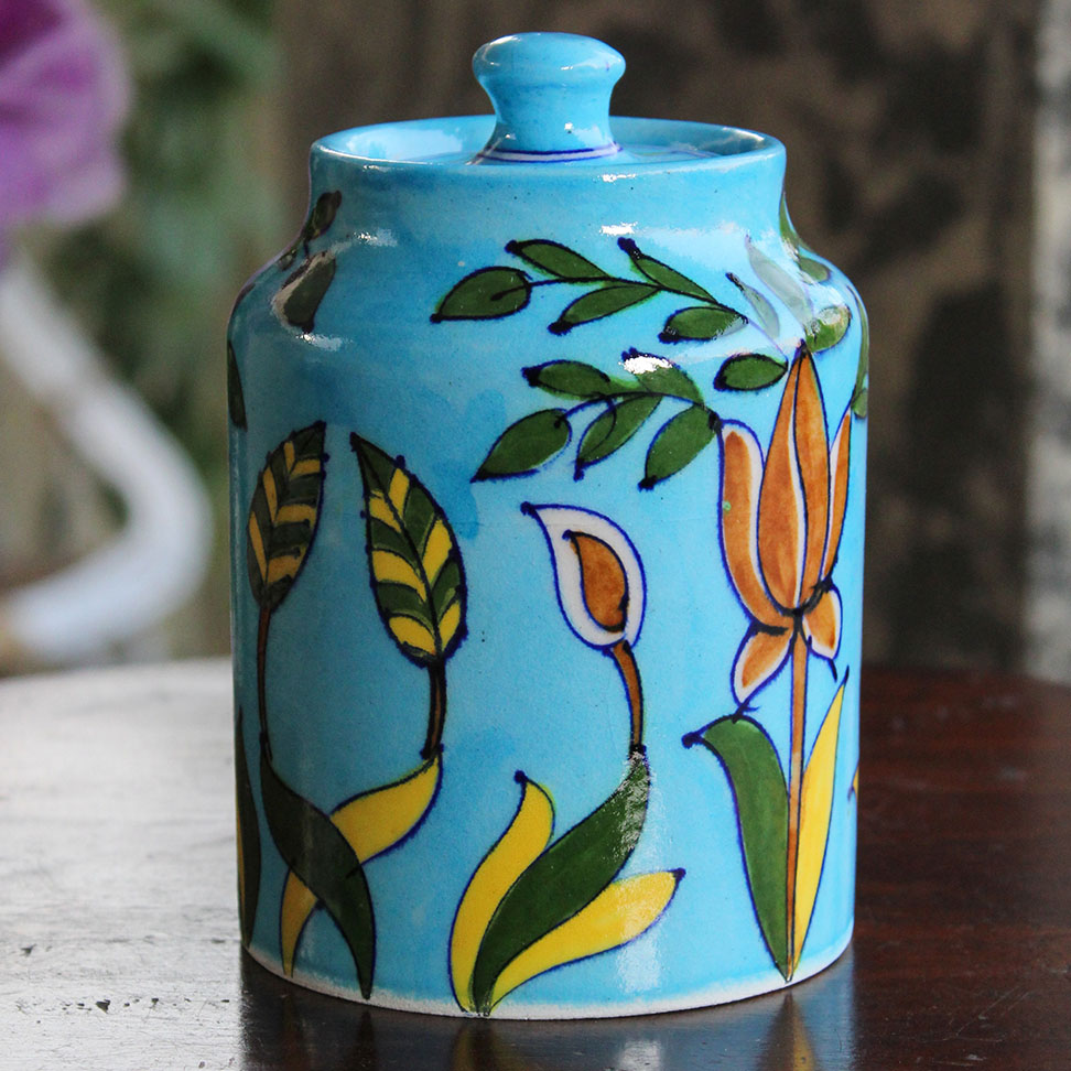 Blue Pottery Turquoise Grass Sugar/ Cookie Jar - 5.5 inch