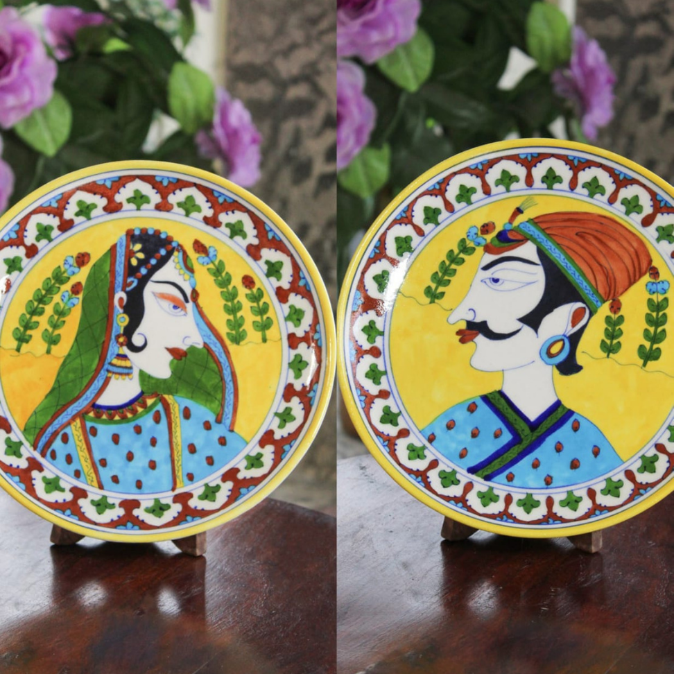 Handmade Blue Pottery King & Queen Plate Set of 2