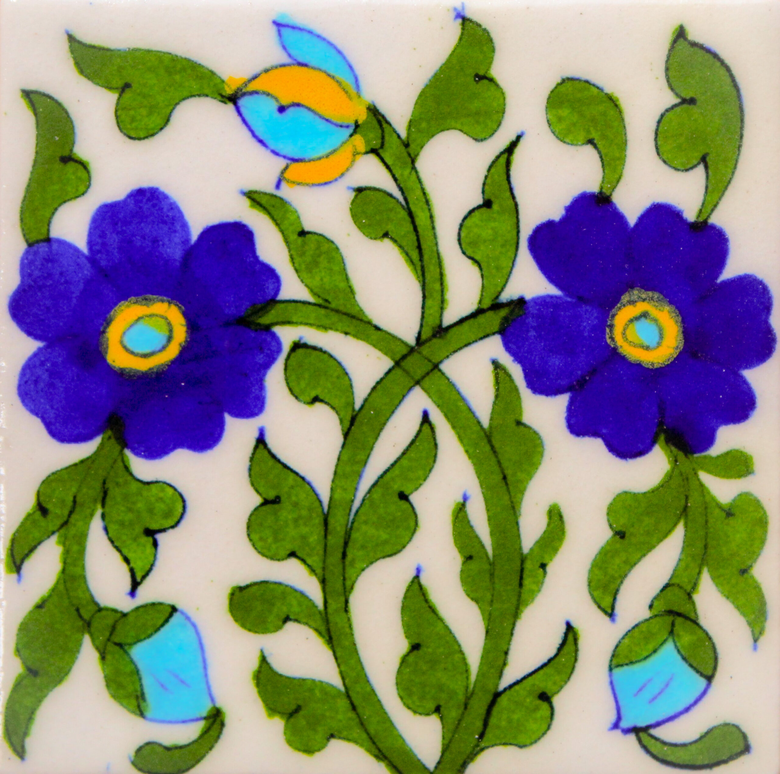 Blue Pottery Handmade White & Blue Floral Tile 4x4 - Blue Jaipur