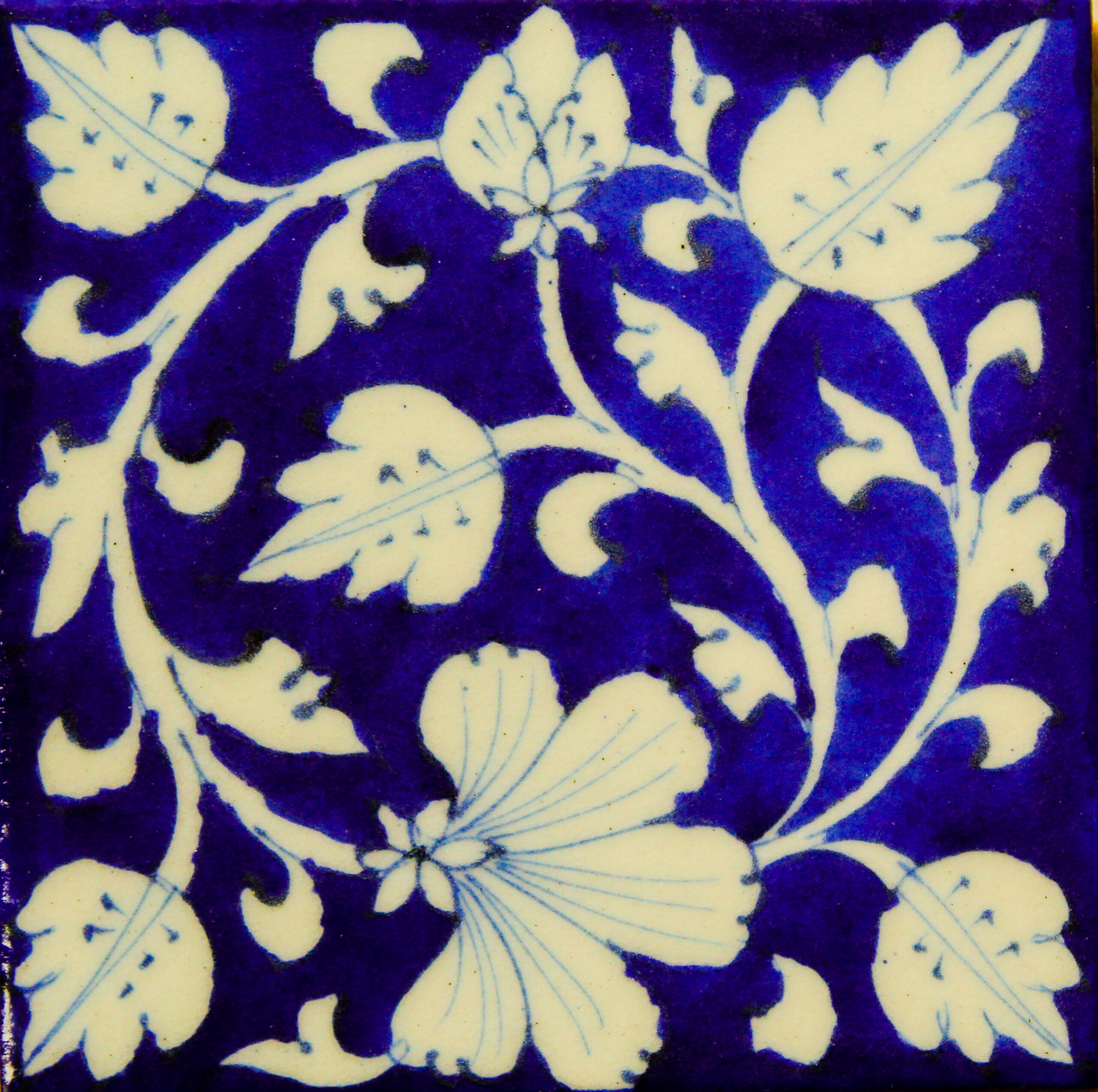 Blue Pottery Handmade Blue & White Floral Tile 4x4 - Blue Jaipur