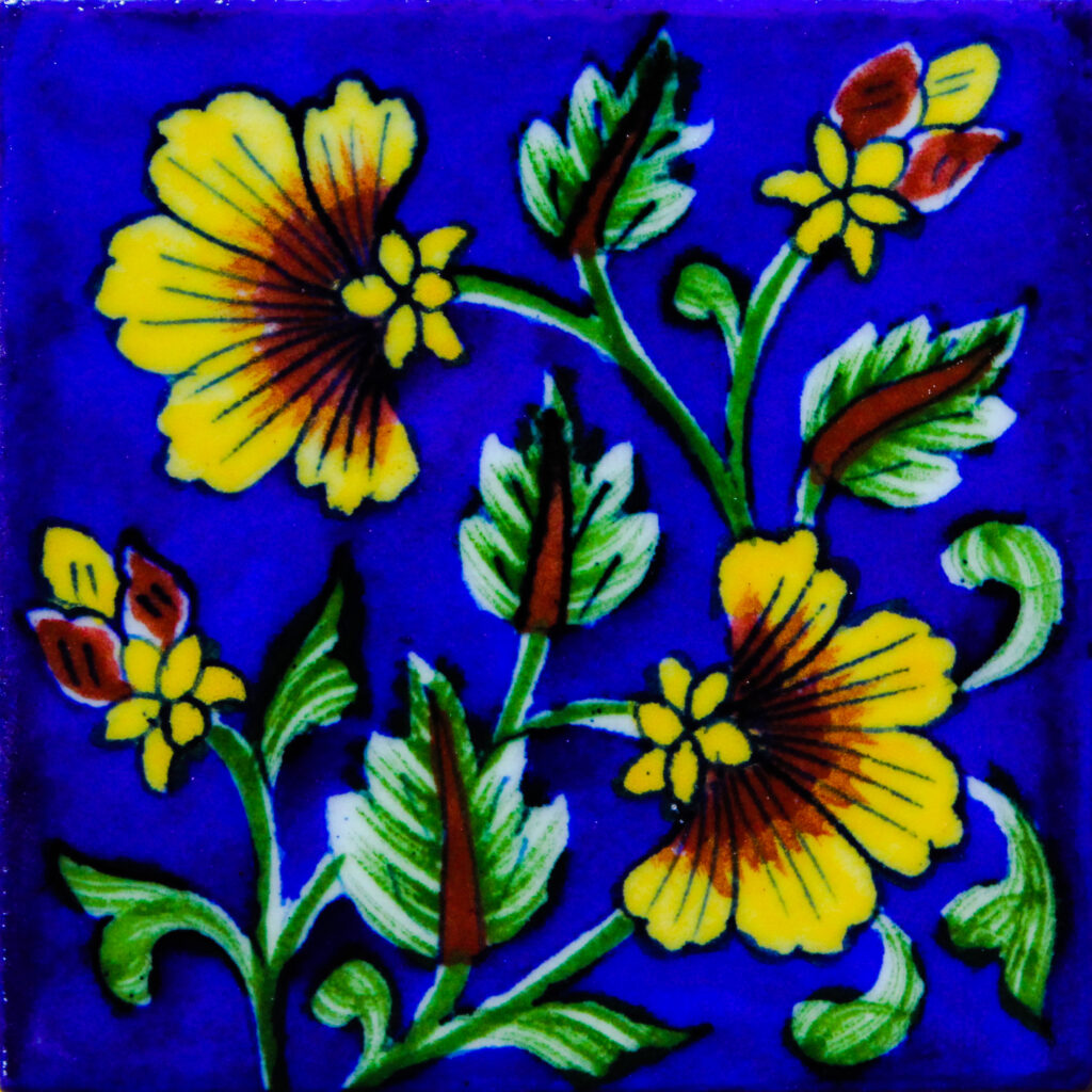 Blue Pottery Handmade Blue & Yellow Floral Tile 4x4 - Blue Jaipur