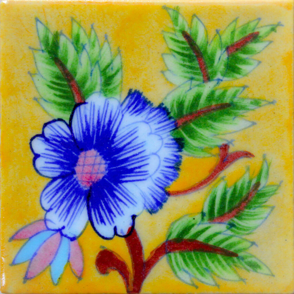 Blue Pottery Handmade Yellow & Blue Floral Tile 4x4 Inch