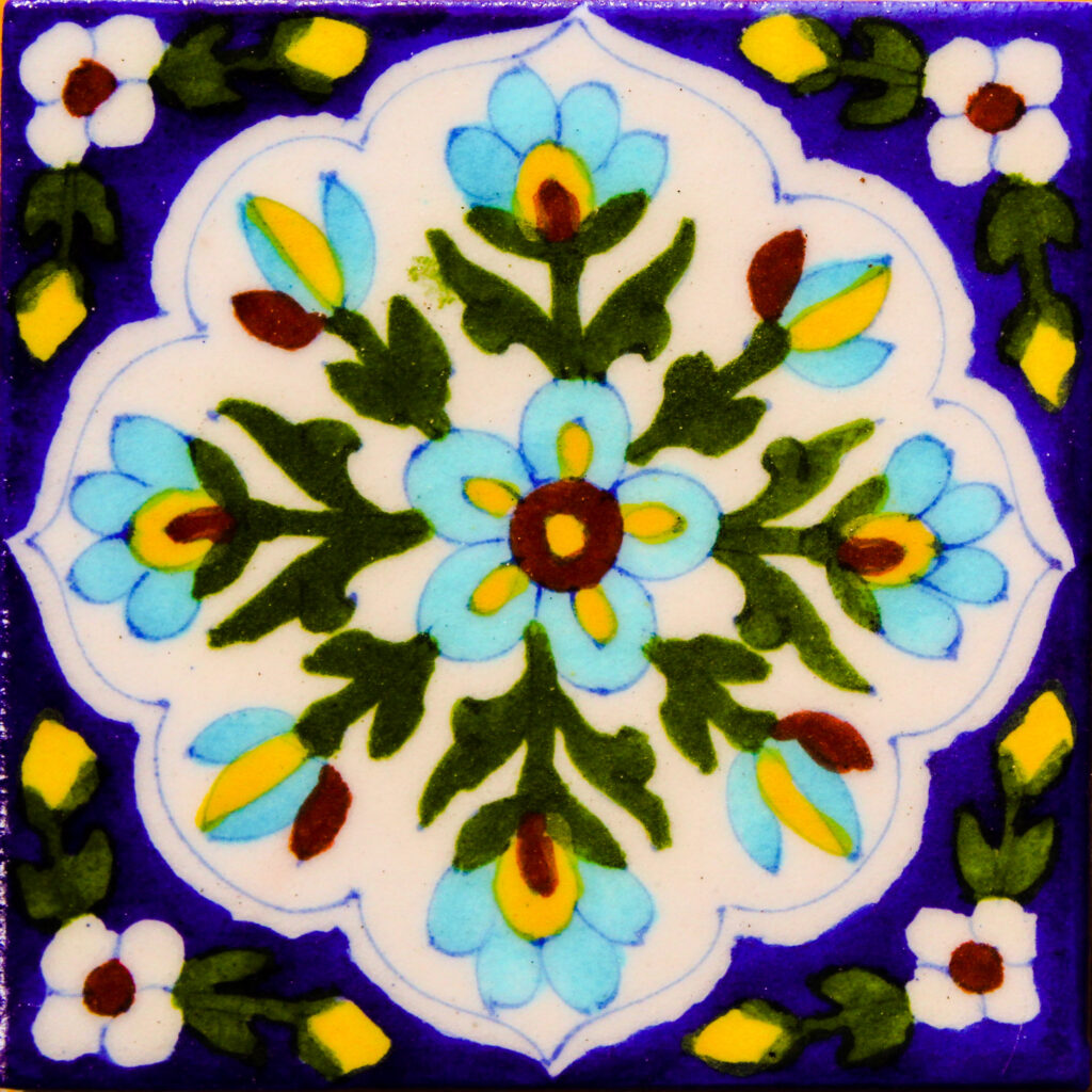 Blue Pottery Handmade White & Blue Design Tile 4x4 Inch