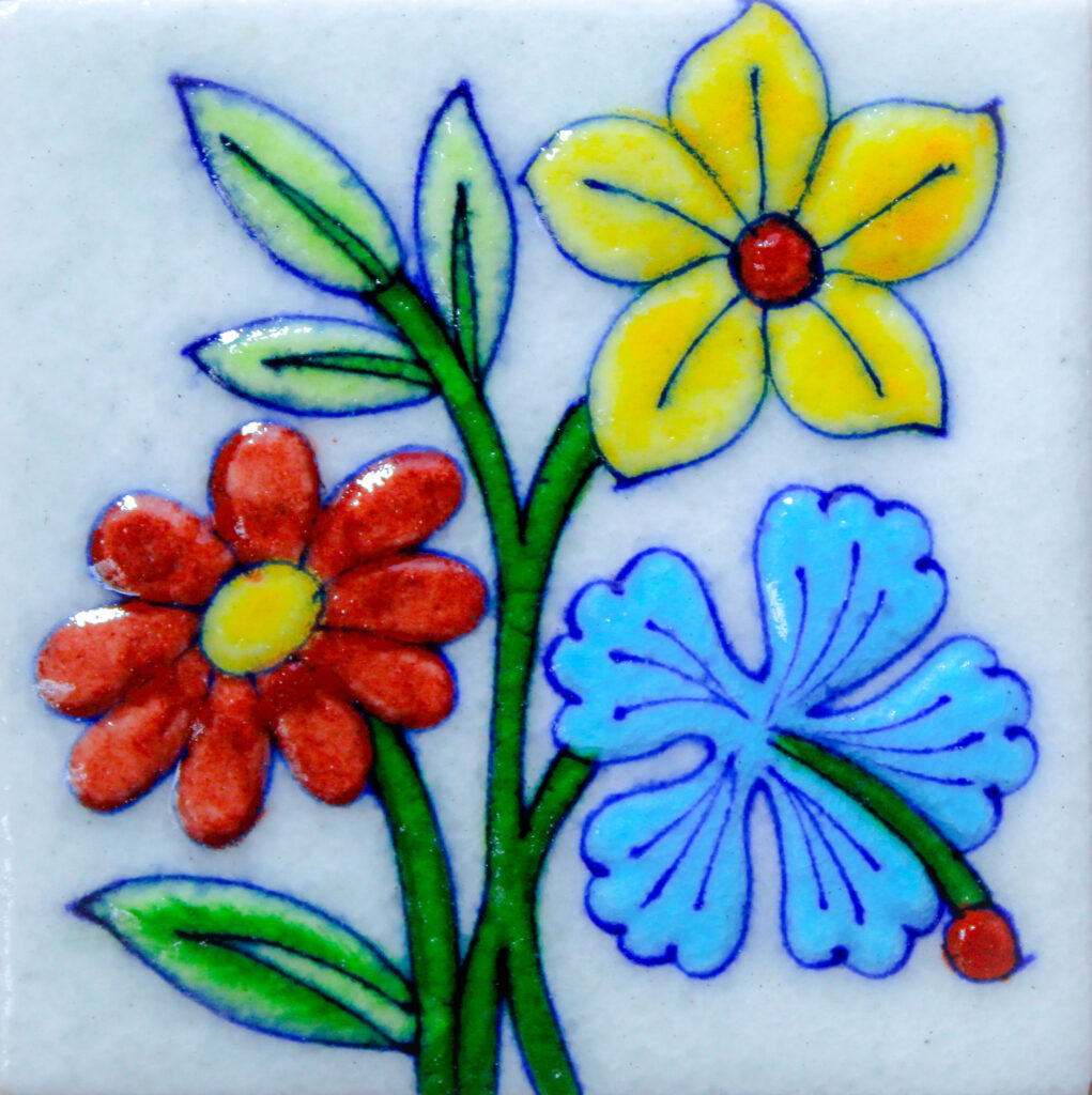 Blue Pottery Handmade White Design Embossed Tile 4x4 Inch