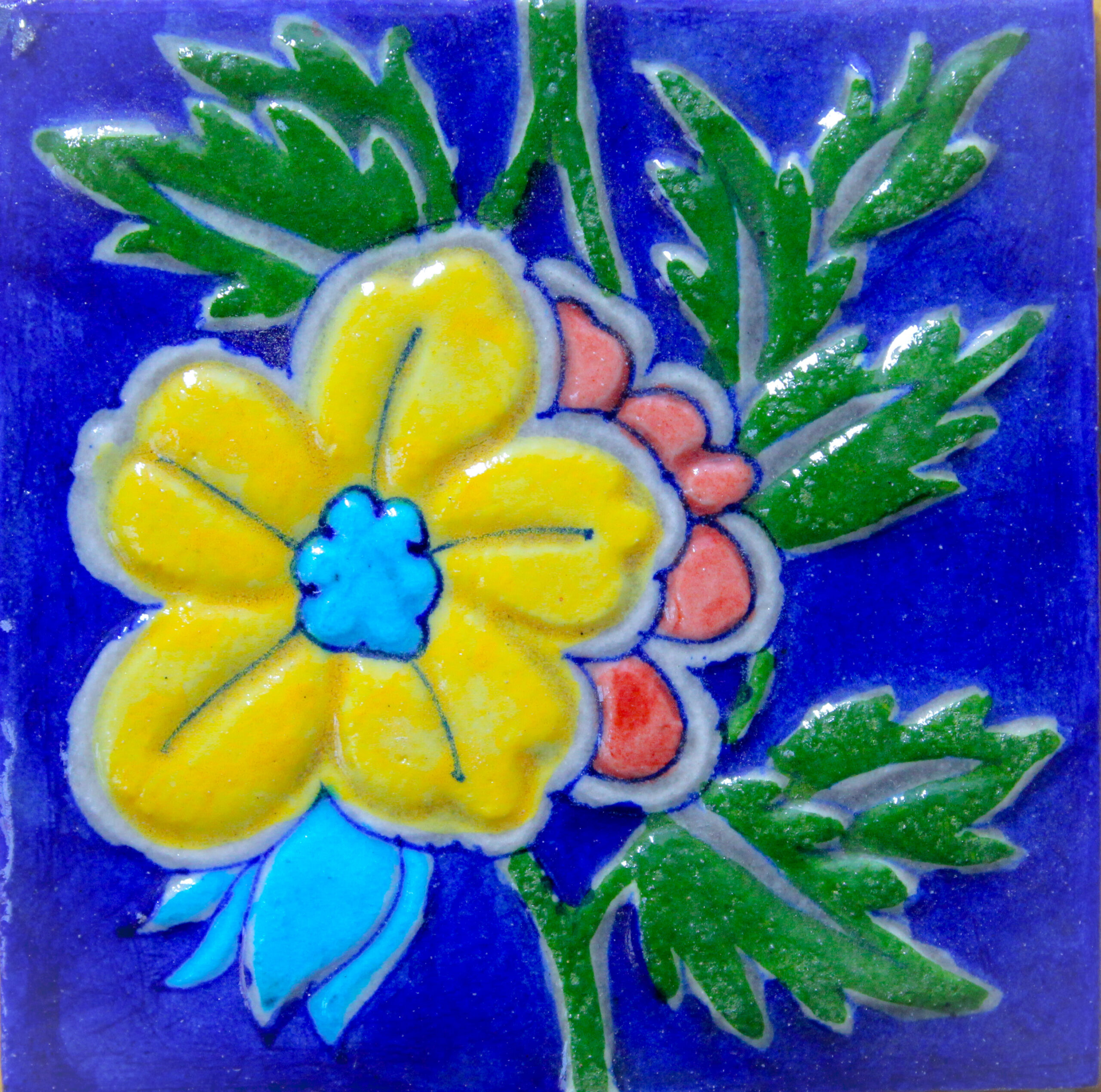Blue Pottery Handmade Blue & Yellow Flower Embossed Tile 4x4
