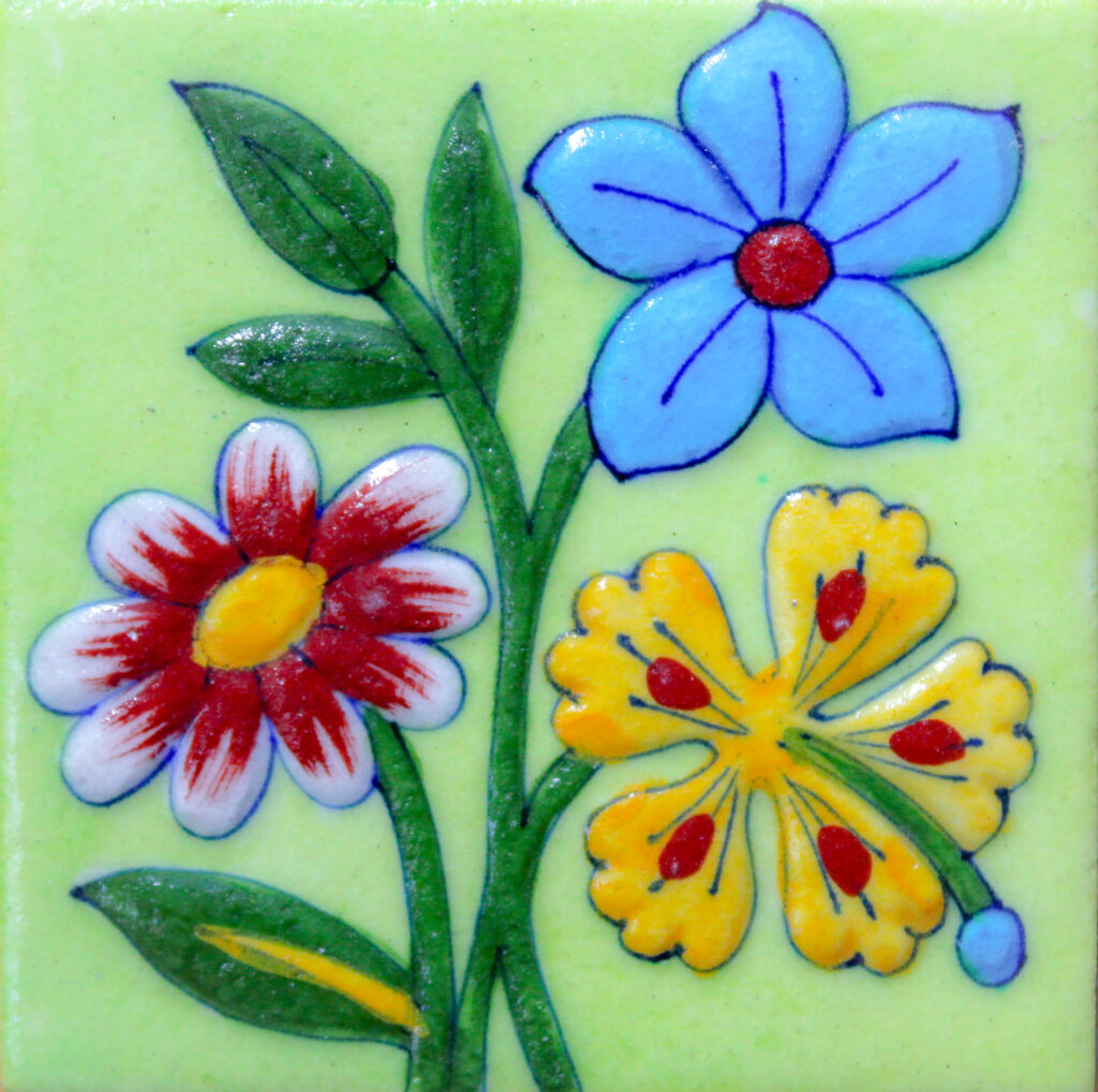 Blue Pottery Handmade Green Flower Design Embossed Tile 4x4