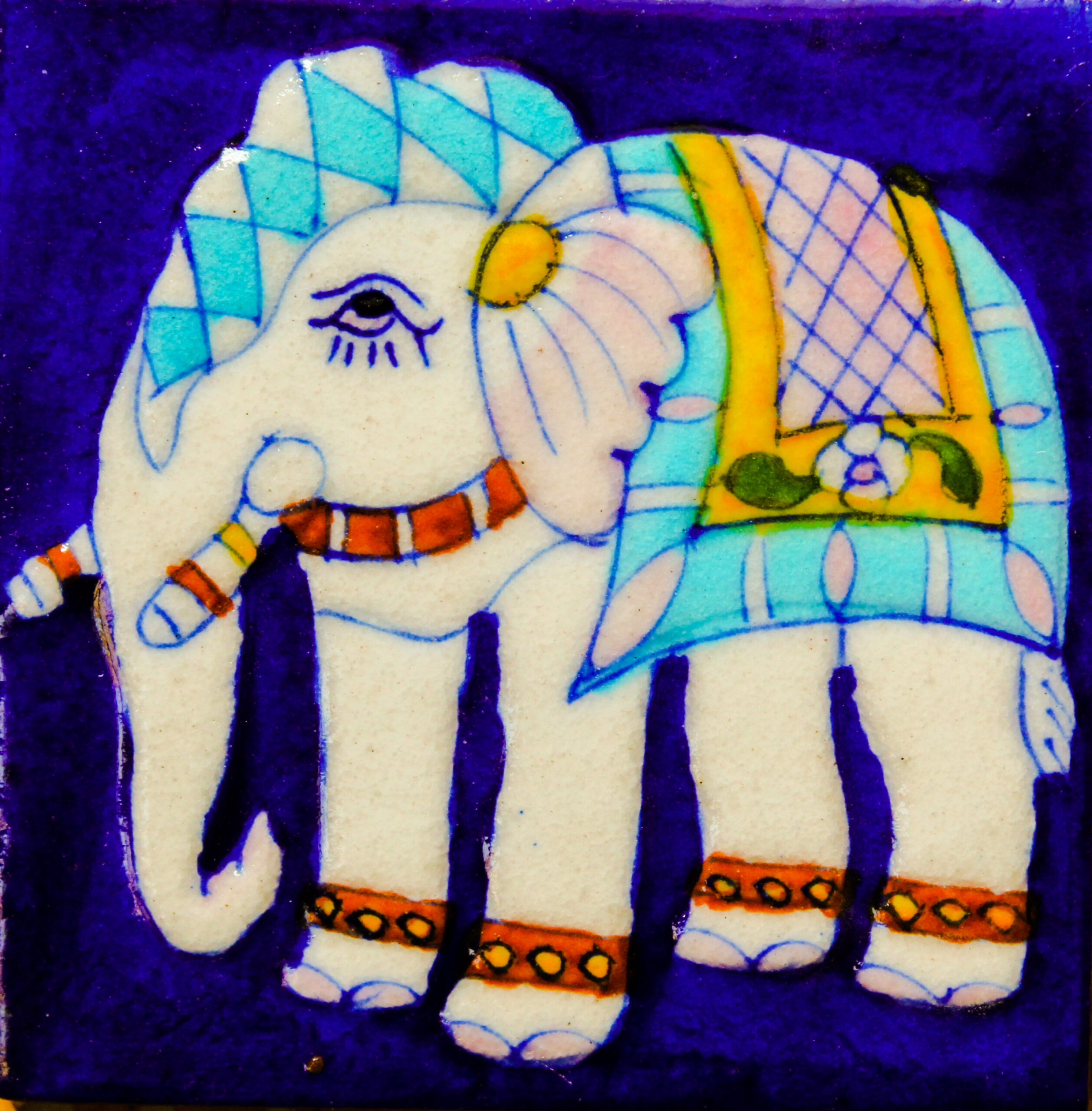 Blue Pottery Handmade Blue Elephant Design Embossed Tile 4x4