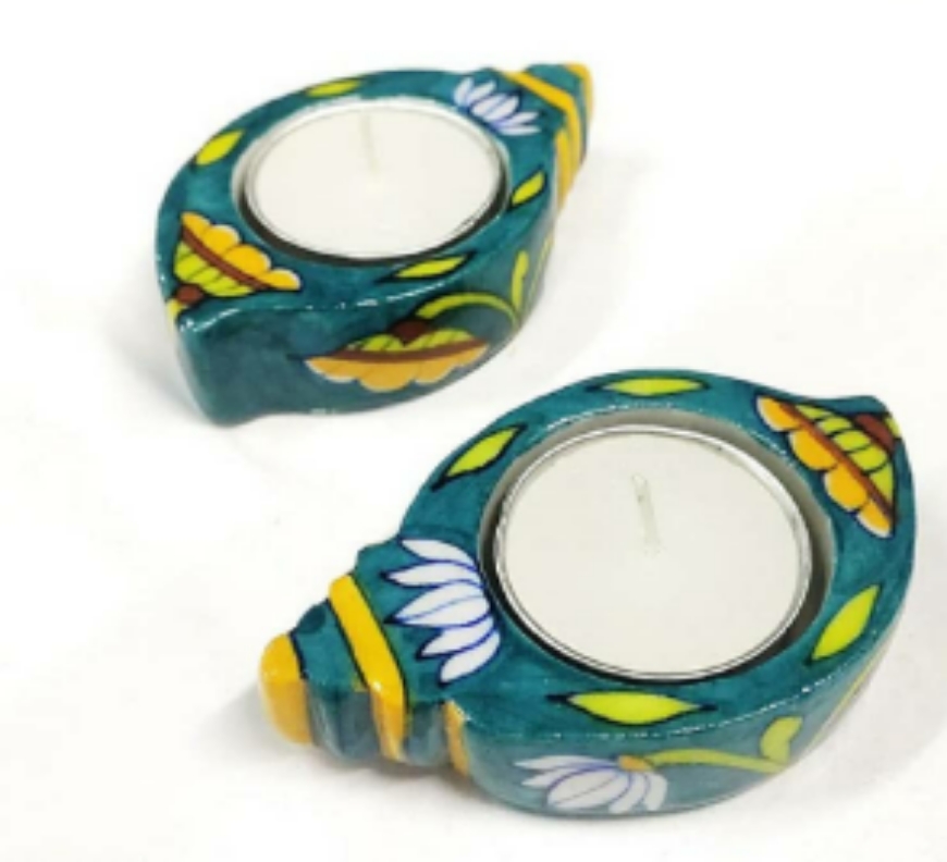 Blue Pottery Shell Shape Turquoise Floral T-light Holder - Set Of 2 ...