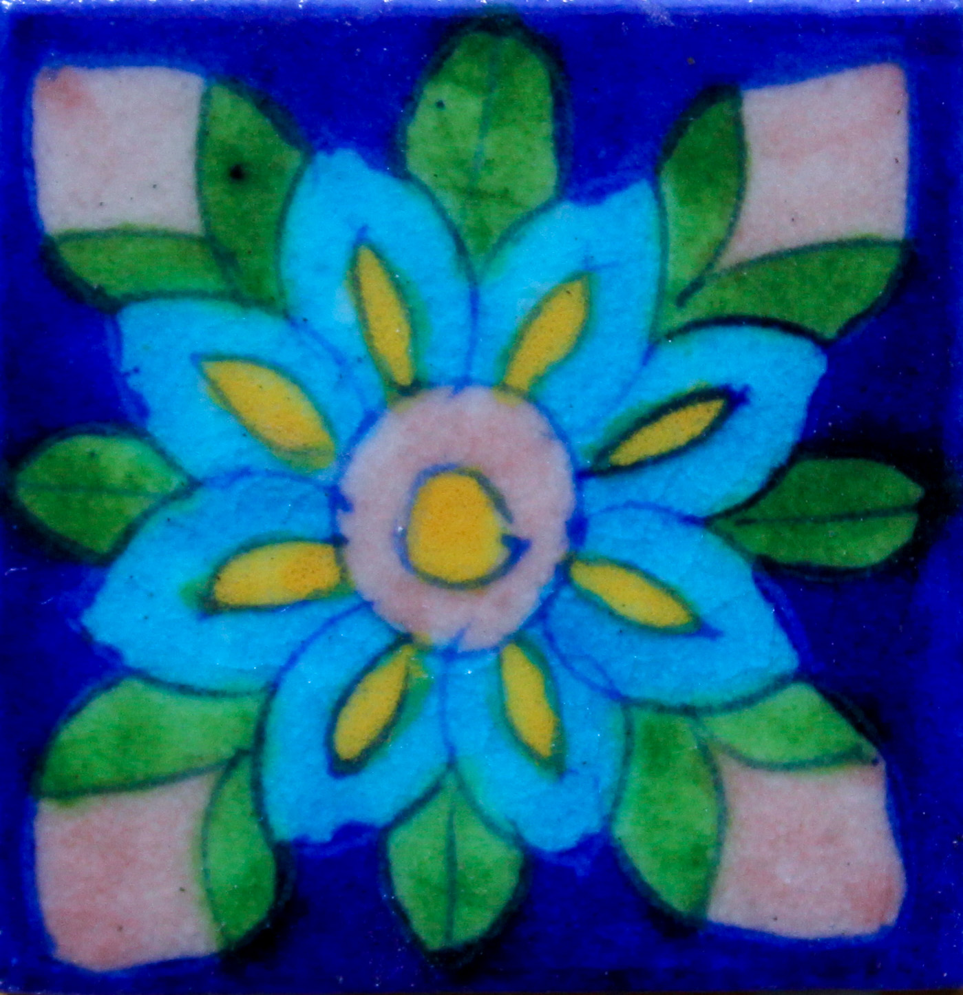 Blue Pottery Handmade Blue Pink Floral Design Tile 2X2 Inch