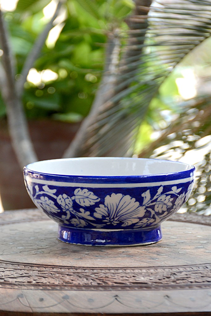 Blue Pottery Handcrafted Blue Floral Bowl - 6 Inch