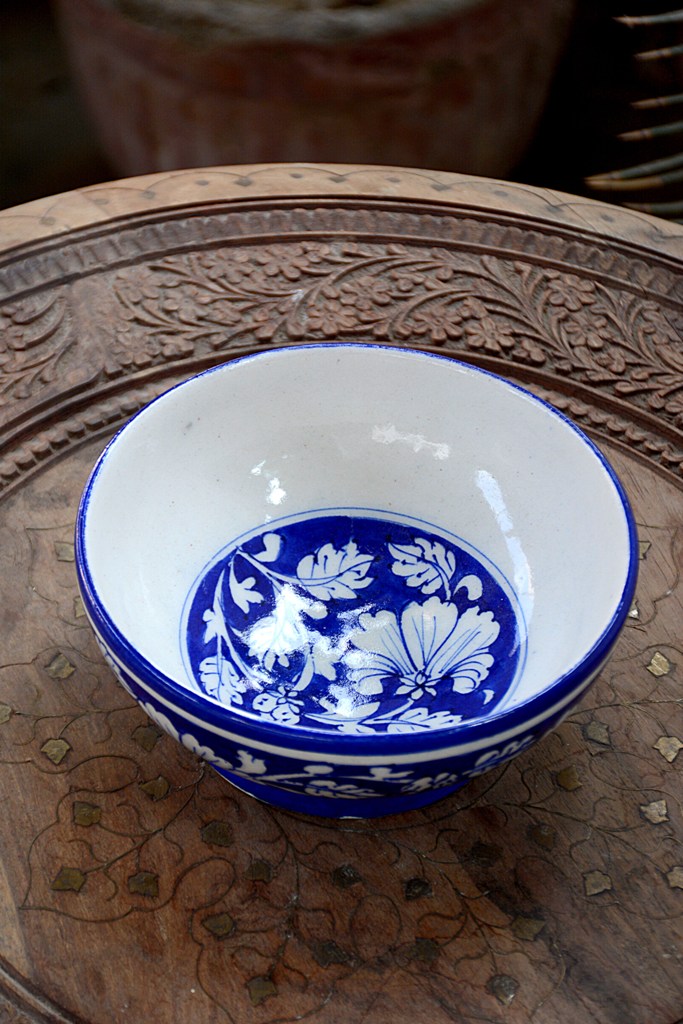 Blue Pottery Handcrafted Blue Floral Bowl - 6 Inch