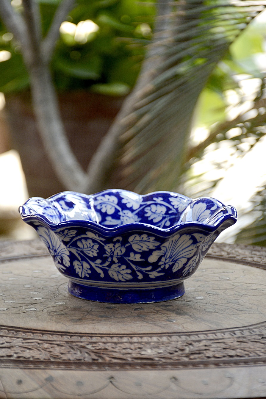 Blue Pottery Handcrafted Blue Floral Lotus Bowl - 6 Inch