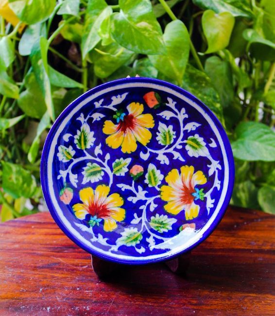 Blue Pottery Handmade Blue Yellow Floral wall Plate