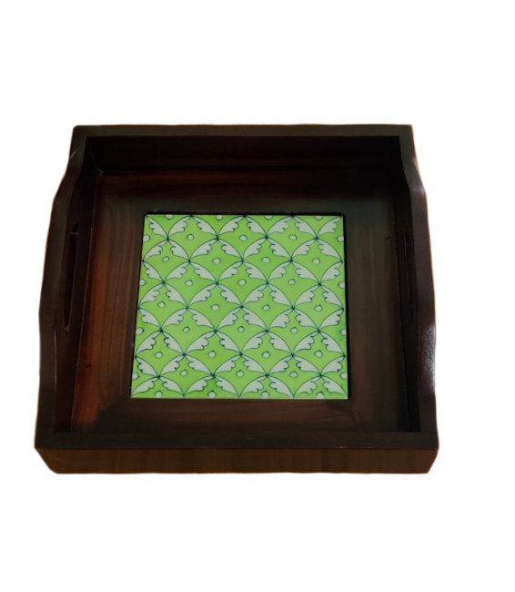 Handmade Wooden Tray With Blue Pottery Blue Tiles -10x10