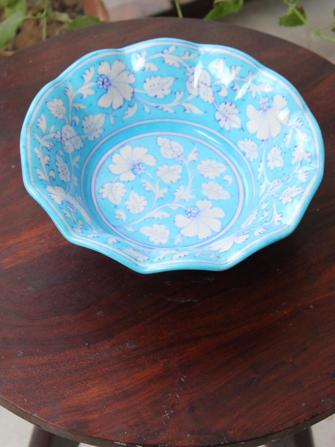 Blue Pottery Yellow Lotus Floral Bowl - 8 Inch