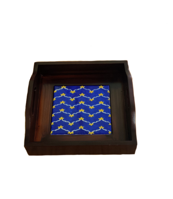 Handmade Wooden Tray With Blue Pottery Blue Tiles -10x10